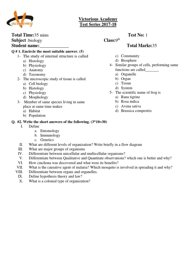 Biology Test Series for 9th Grade | PDF