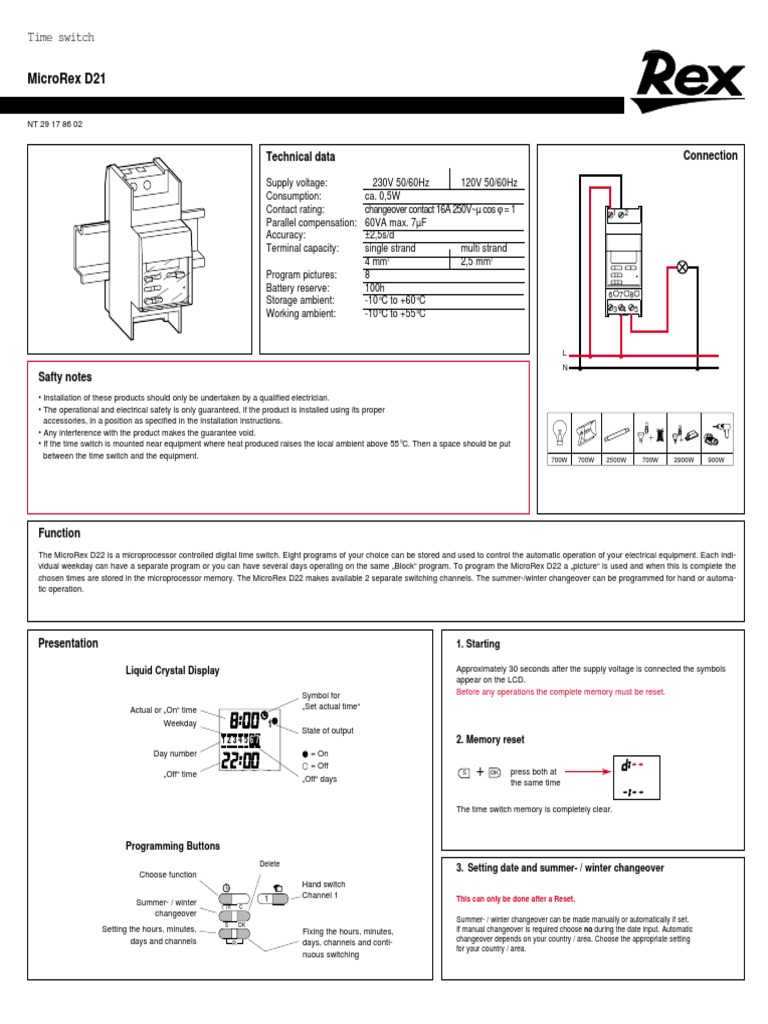 MicroRex D21 Time Switch Technical Data and Functions | PDF | Switch ...