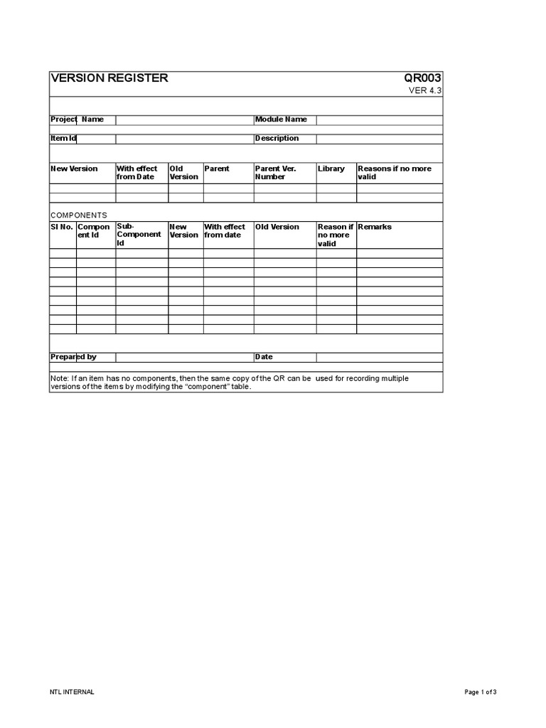 Version Register QR003: Components | PDF | Identifier | Written ...