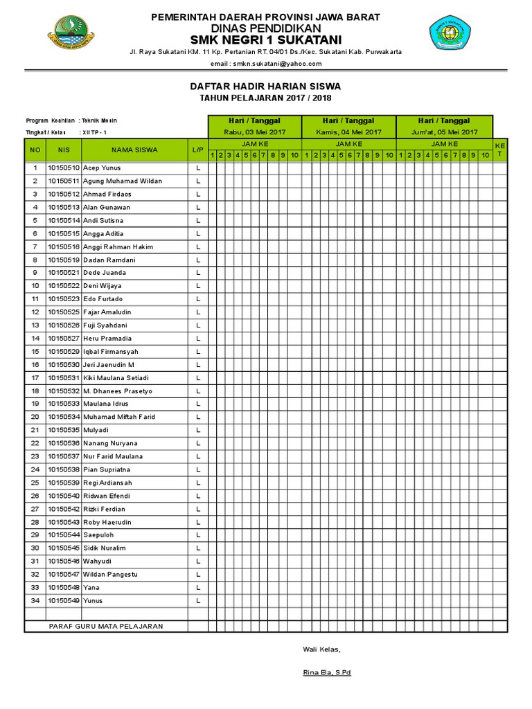 Absen Siswa 2017-2018 Rabu - Jum'at | PDF