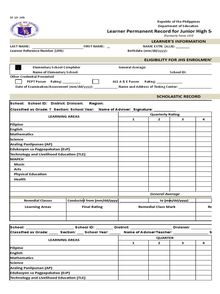 Learner Permanent Record For Junior High School (SF10-JHS) | PDF ...