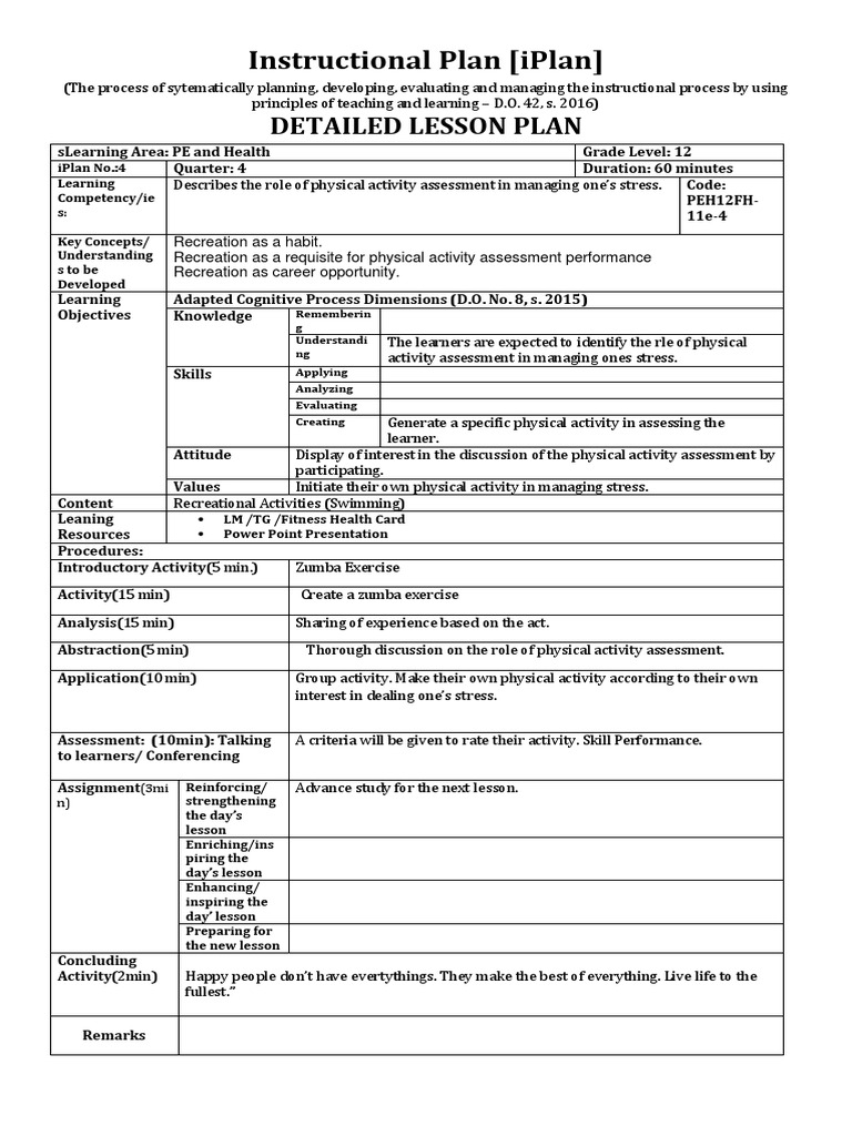 PE and Health Lesson Plan for Stress Management | PDF | Learning | Teachers
