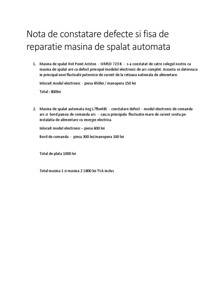 Nota de Constatare Defecte Si Fisa de Reparatie Masina de Spalat ...