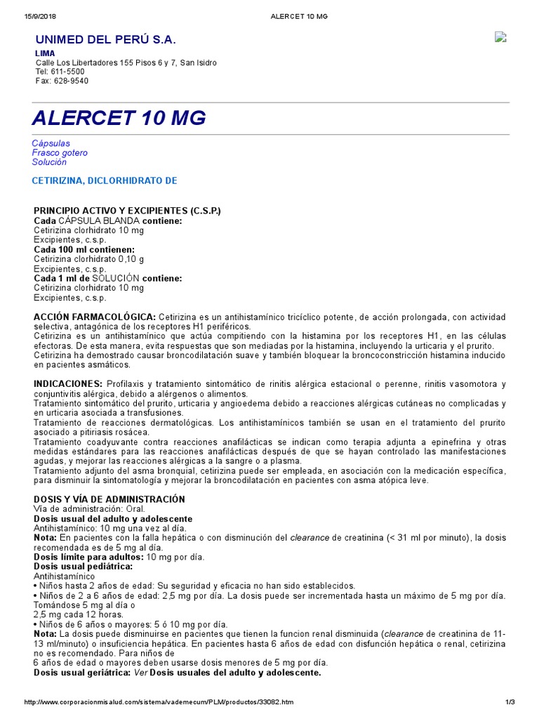 Alercet 10 Mg | Alergia | Asma