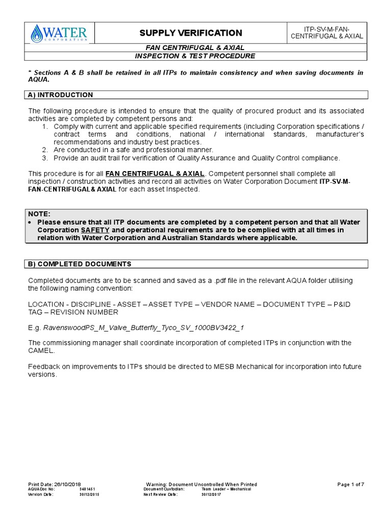 Blowers Fans Supply Verification ITP | PDF | Specification (Technical ...