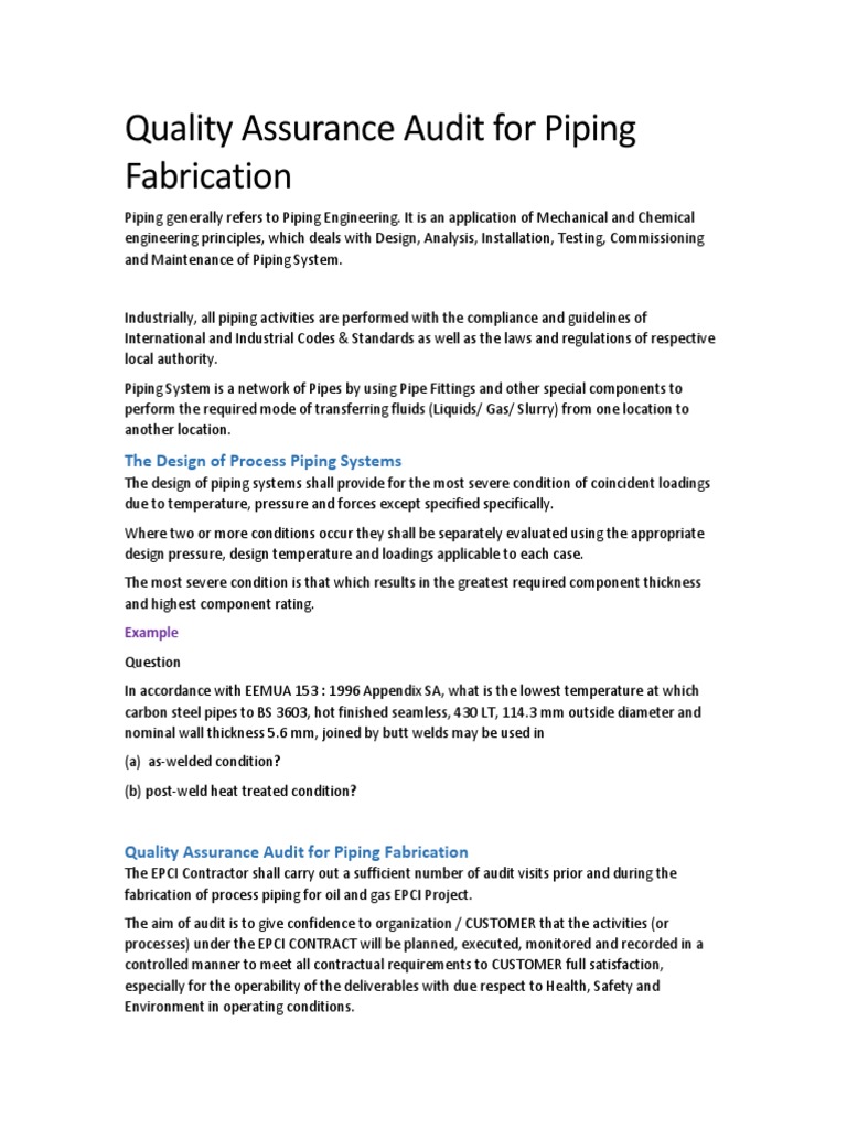 Quality Assurance Audit For Piping Fabrication | PDF | Quality ...