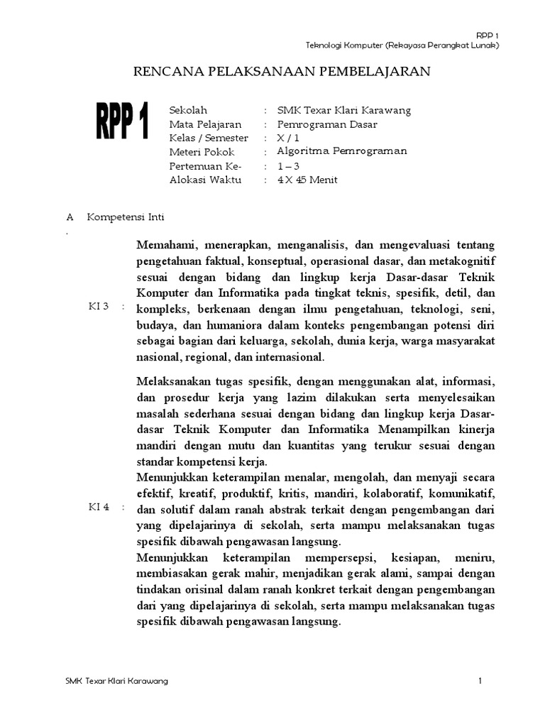 RPP K13 Revisi - Pemrograman Dasar PDF | PDF | Komputer
