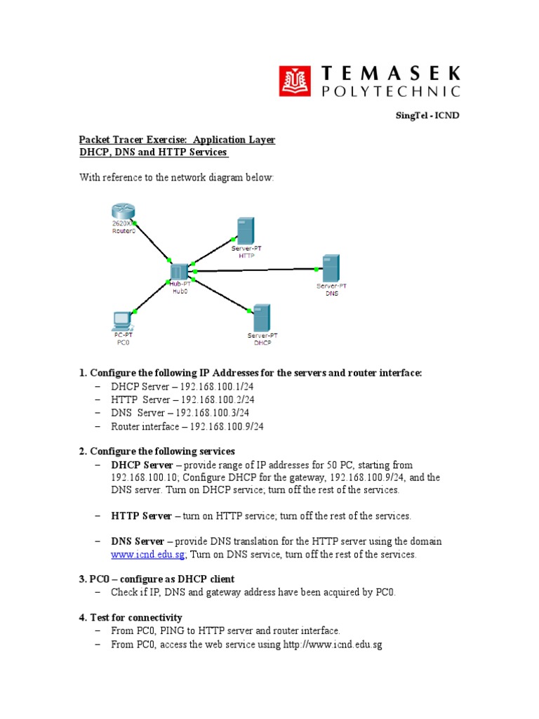 Packet Tracer Exercise: Application Layer DHCP, DNS and HTTP Services | PDF