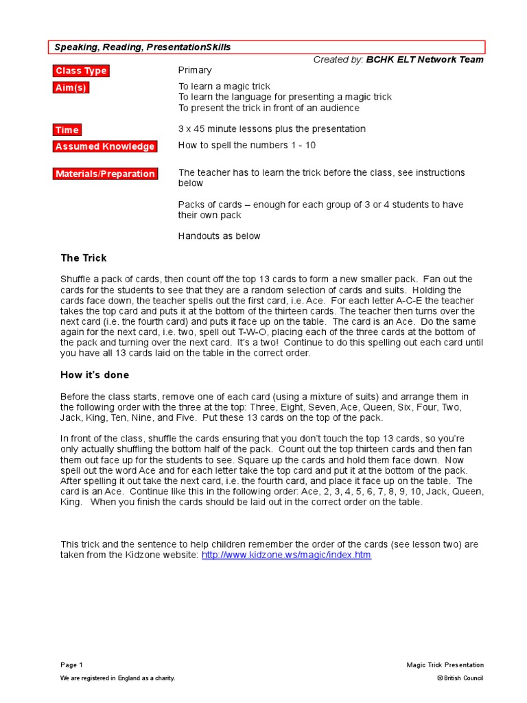Honkong English Eltn Lesson Ideas Magic Show | PDF | Playing Cards | Toys