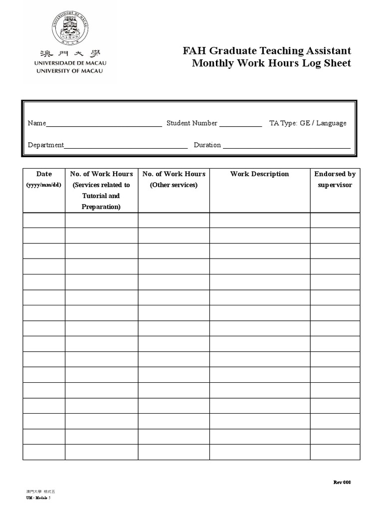 FAH Graduate Teaching Assistant Monthly Work Hours Log Sheet | PDF