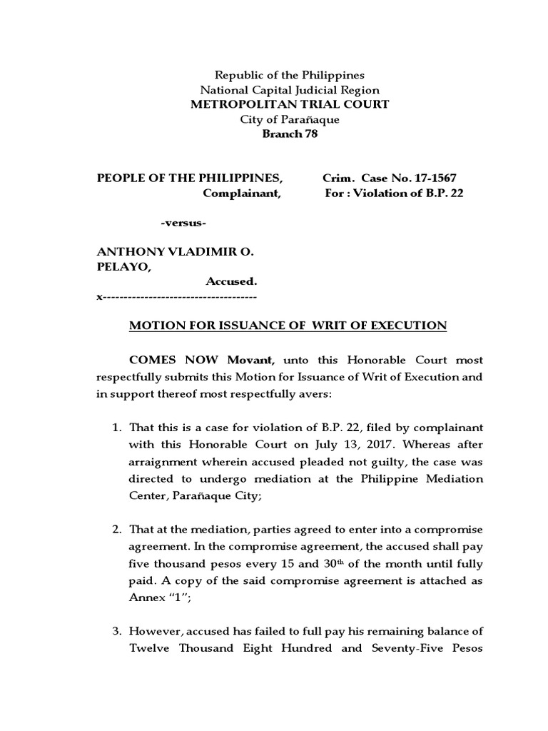 Hsu - Motion For Issuance of Writ of Execution | PDF | Writ | Separation Of Powers