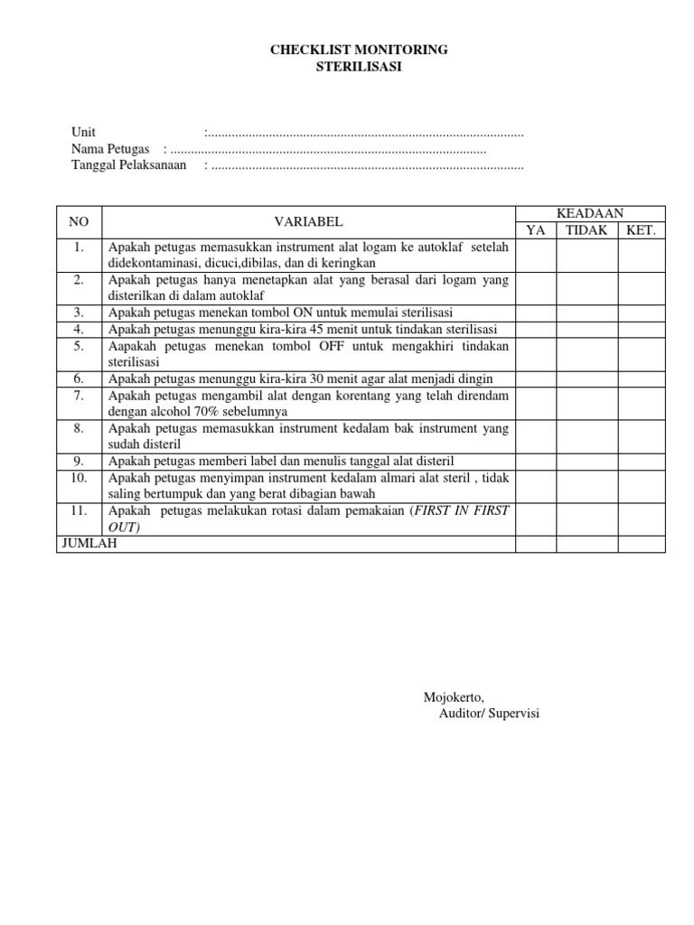 Checklist Monitoring Sterilisasi Alat | PDF