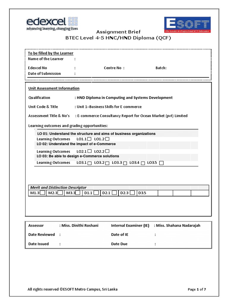 Assignment Brief BTEC Level 4-5 HNC/HND Diploma (QCF) : To Be Filled by The Learner | PDF | E ...