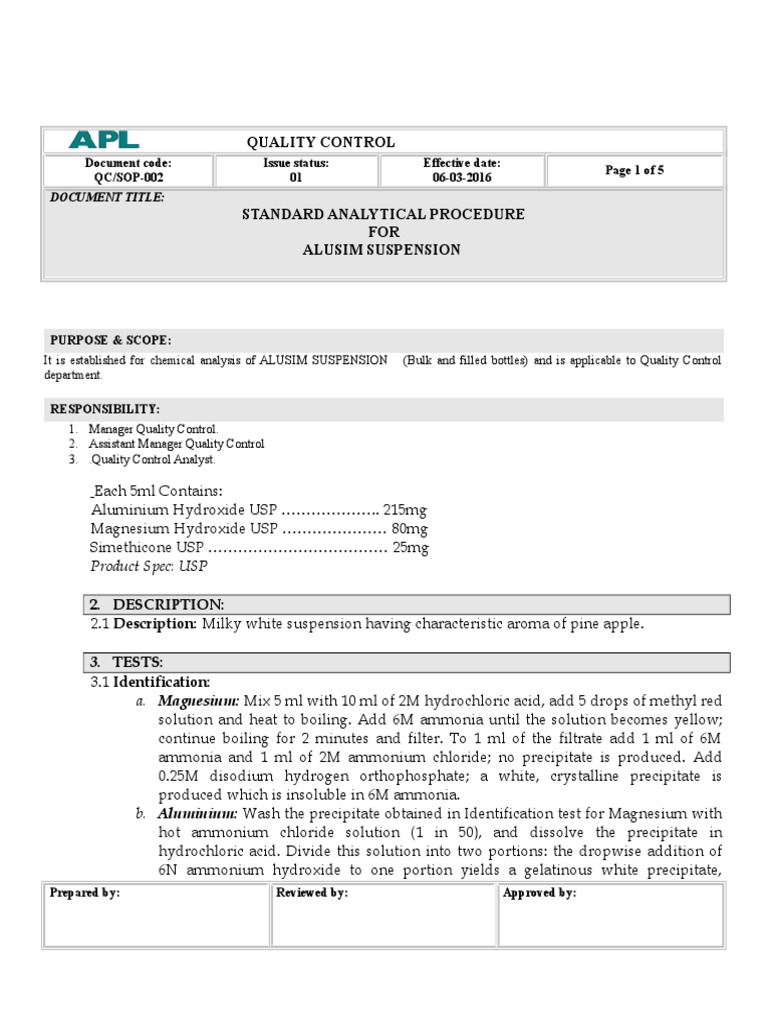 Alusim Suspension | PDF | Titration | Chemistry