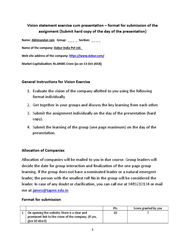 Vision Statement Exercise Cum Presentation - Format For Submission of ...