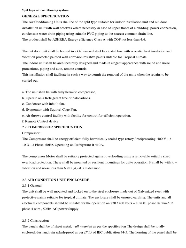 General Specification: Split Type Air Conditioning System | PDF ...