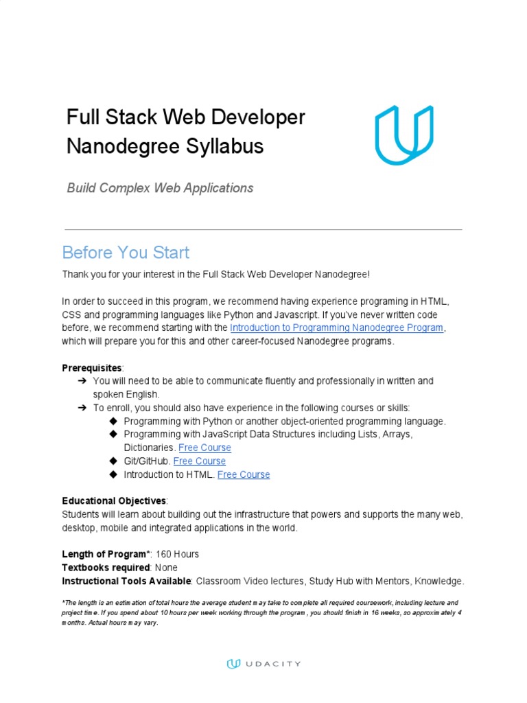 Full Stack Web Developer Nanodegree Syllabus: Before You Start | PDF ...