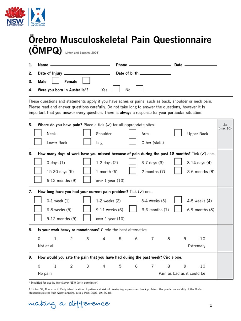 Orebro Musculoskeletal Pain Questionnaire Final (1) | Pain | Psychology ...