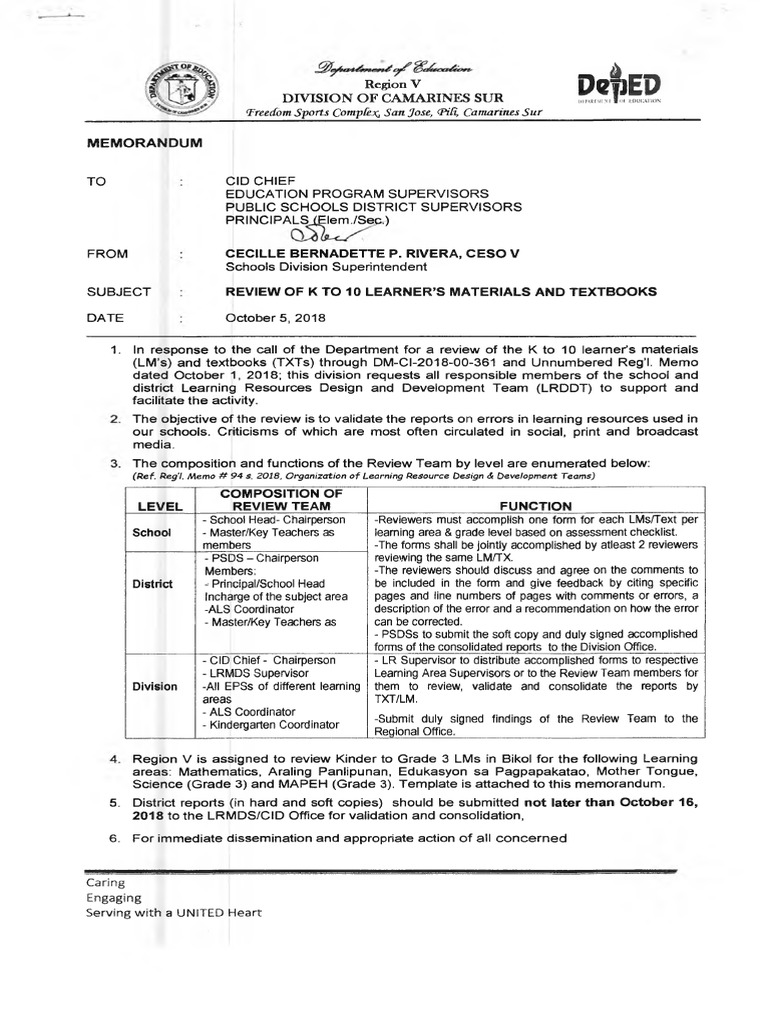 DepEd Camsur Unnumbered Memo October 5 | PDF | Behavior Modification ...
