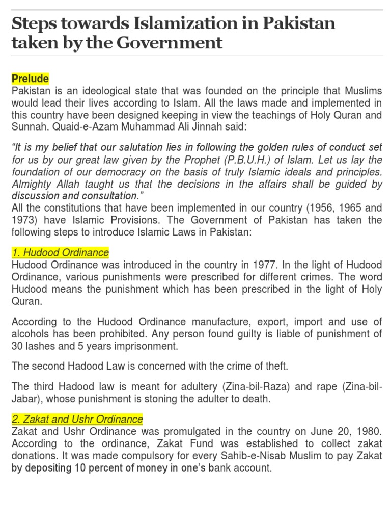 Steps Towards Islamization in Pakistan Taken by The Government | PDF ...