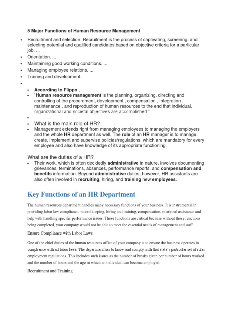 5 Major Functions of Human Resource Management | PDF | Human Resource ...