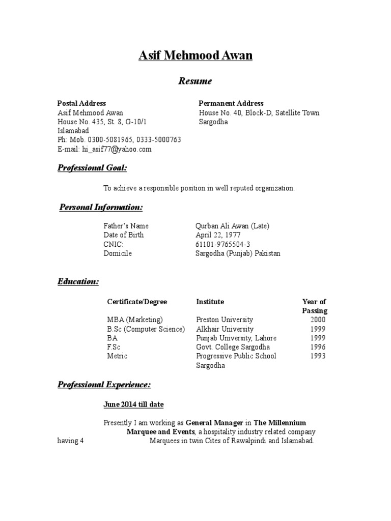 Asif Mehmood Awan: Resume | PDF | Islamabad | World Politics