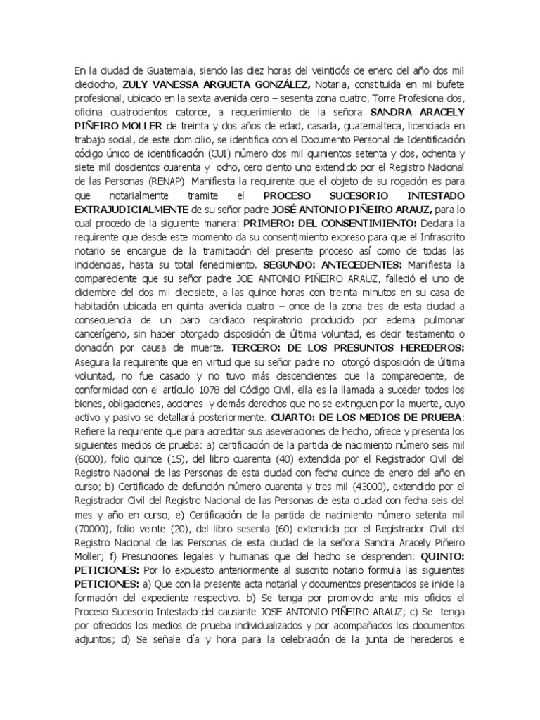 Acta Notarial De Requerimiento Proceso Sucesorio Intestado Herencia