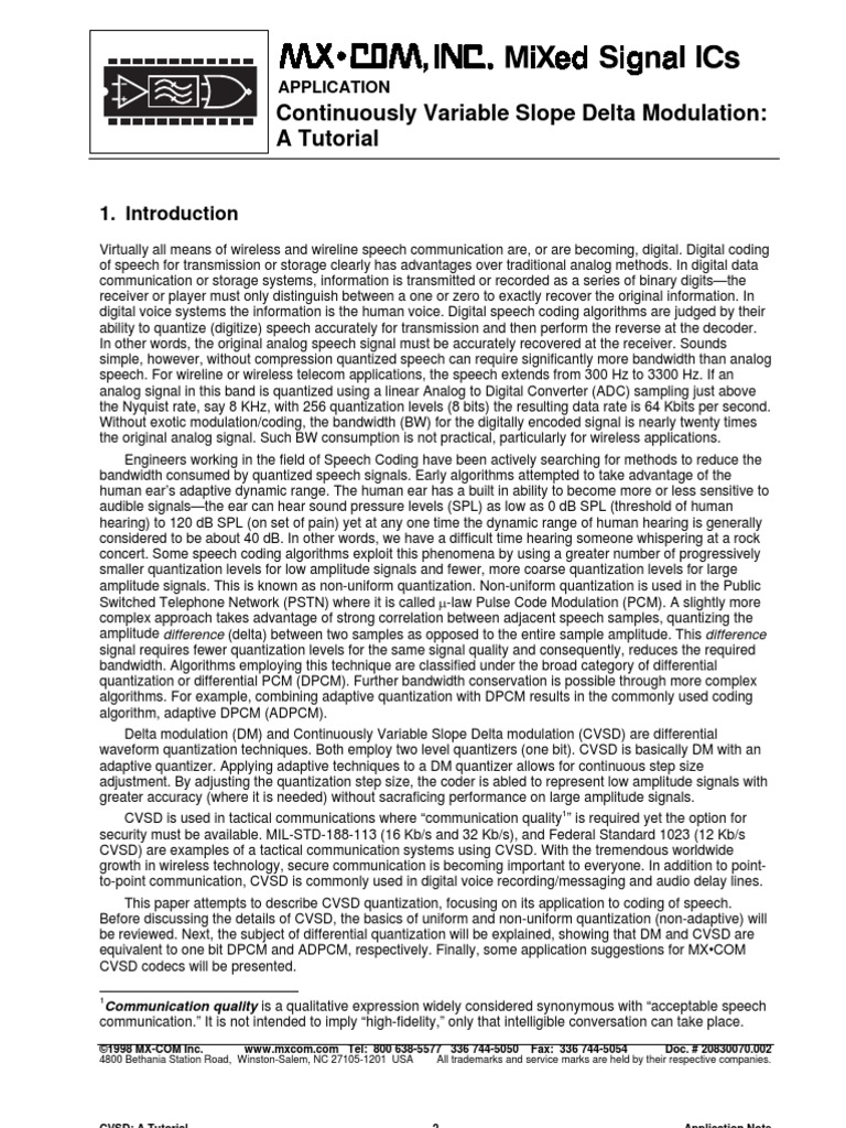 CVSD - A Tutorial | PDF | Signal To Noise Ratio | Analog To Digital Converter