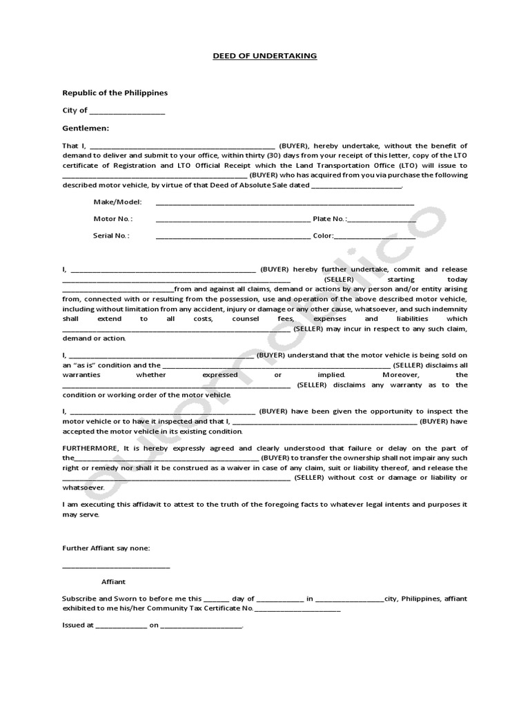 Automobilico Deed of Undertaking PDF | PDF | Deed | Civil Law (Legal ...