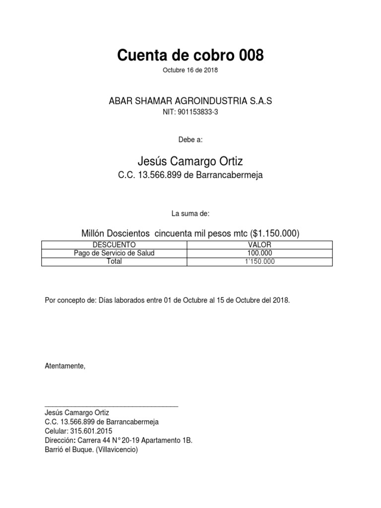 Ejemplo de Cuenta de Cobro | PDF