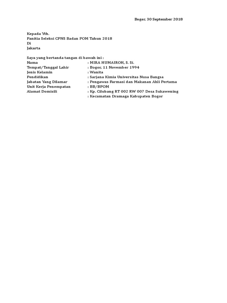 Form Surat Lamaran BPOM | PDF