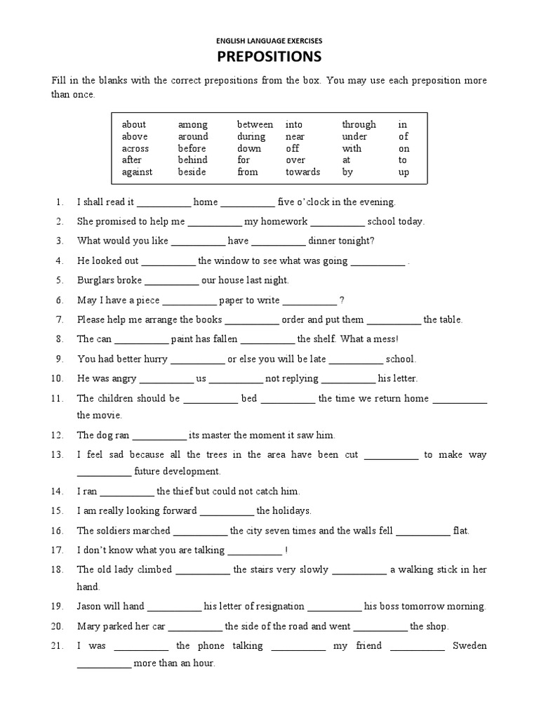 Prepositions: English Language Exercises | PDF