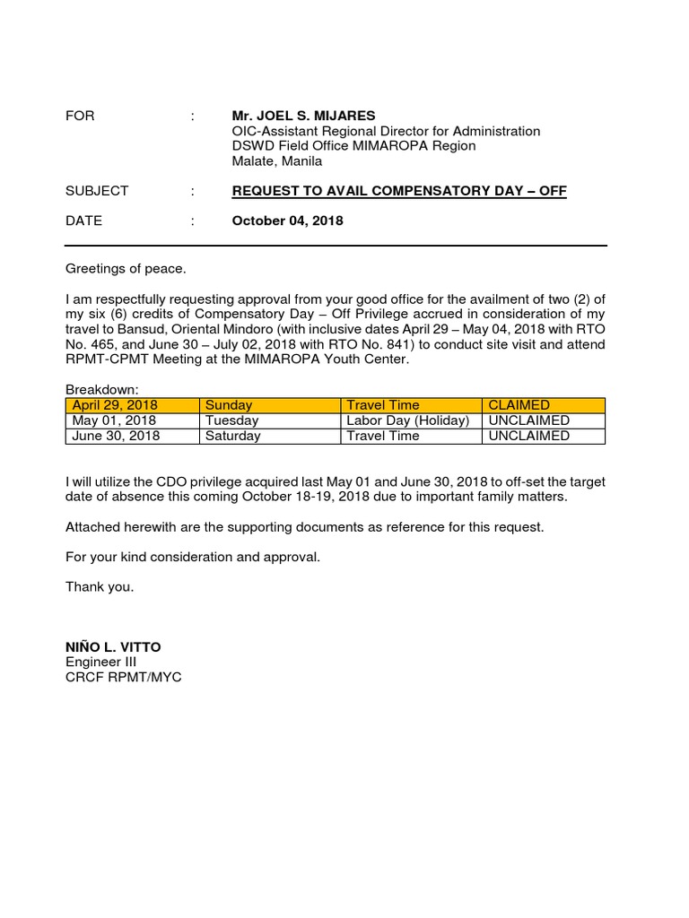Request for Compensatory Day-Off Approval to Address Important Family ...