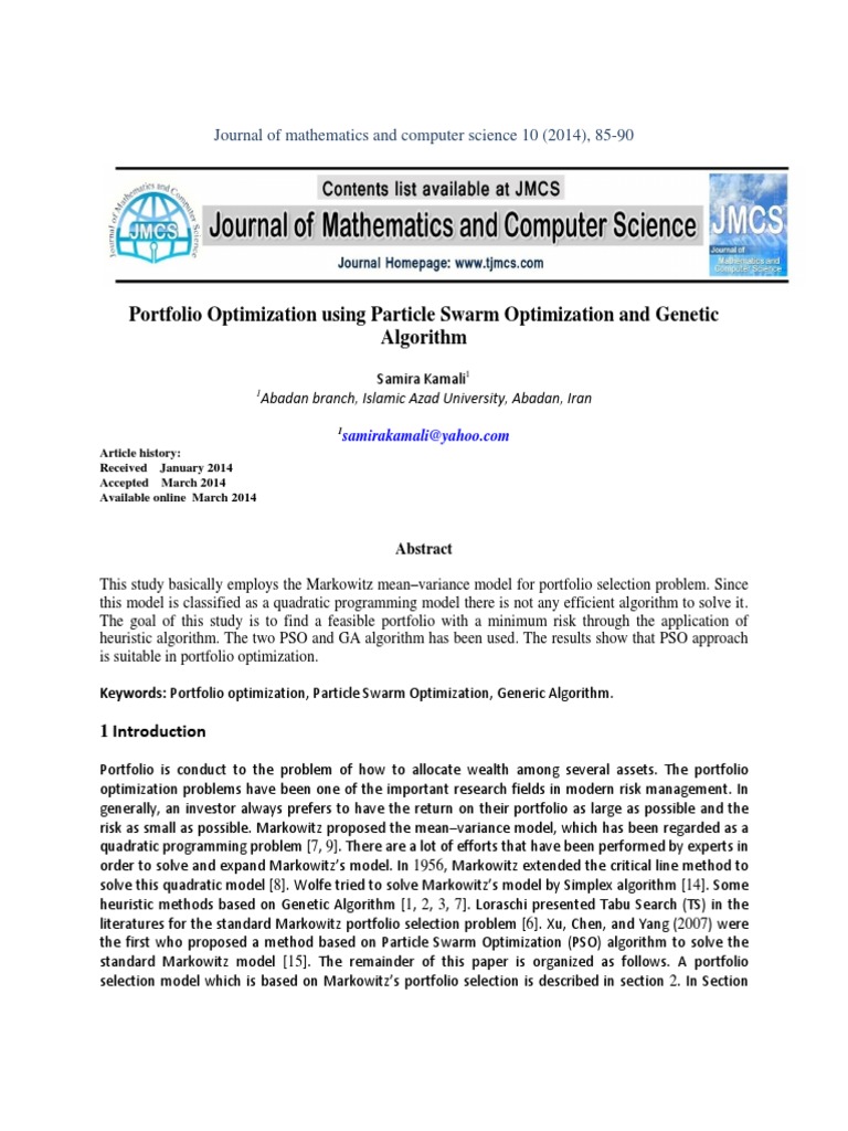 Portfolio Optimization Using Particle Swarm Optimization Pdf