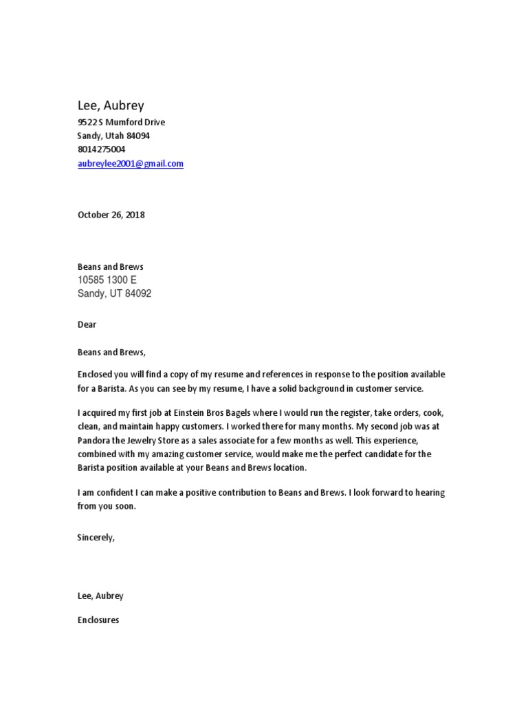 Barista Application Cover Letter | PDF