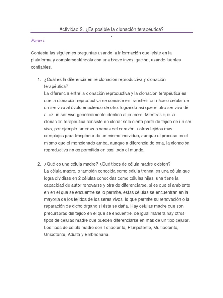 Actividad 2. Es Posible La Clonación Terapéutica | PDF | Célula madre ...