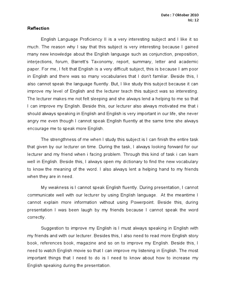 Reflection: Date: 7 Oktober 2010 Isl: 12 | PDF | English Language ...