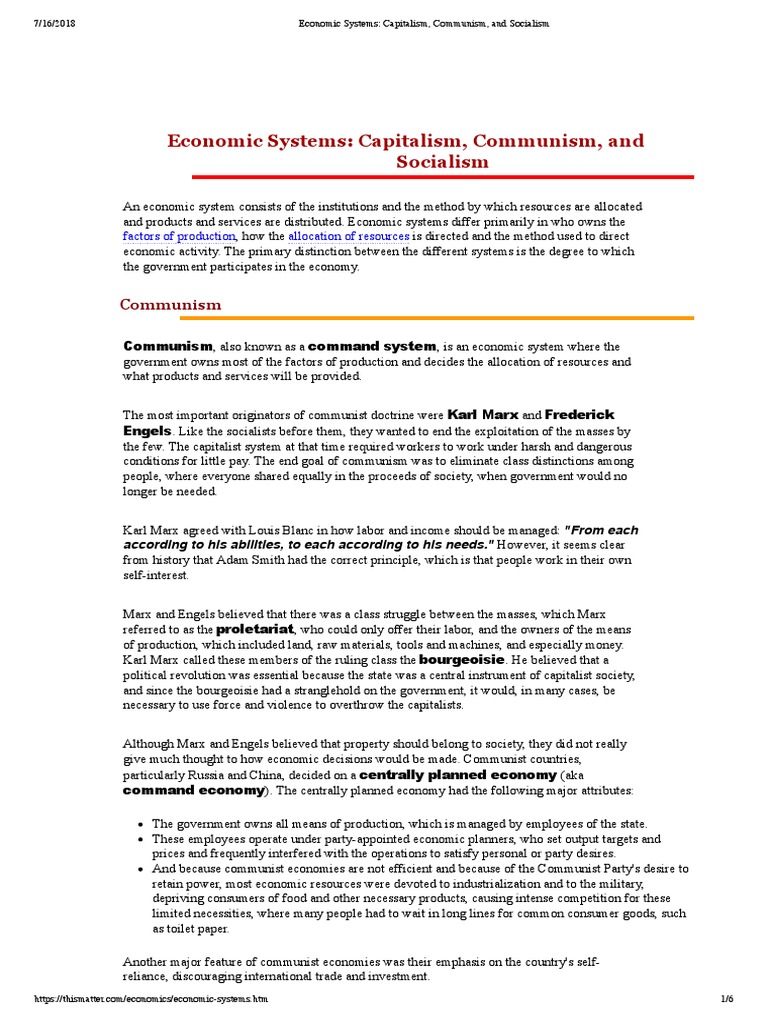 Economic Systems - Capitalism, Communism, and Socialism | PDF ...