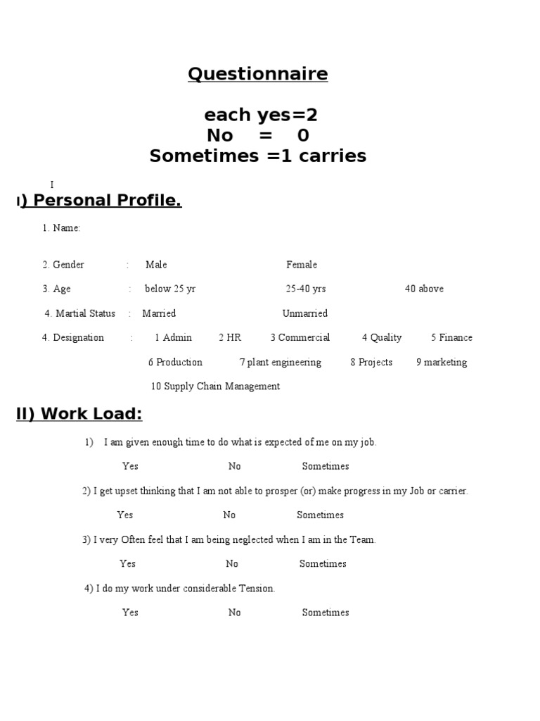 Questionnaire Each Yes 2 No 0 Sometimes 1 Carries:) Personal Profile ...