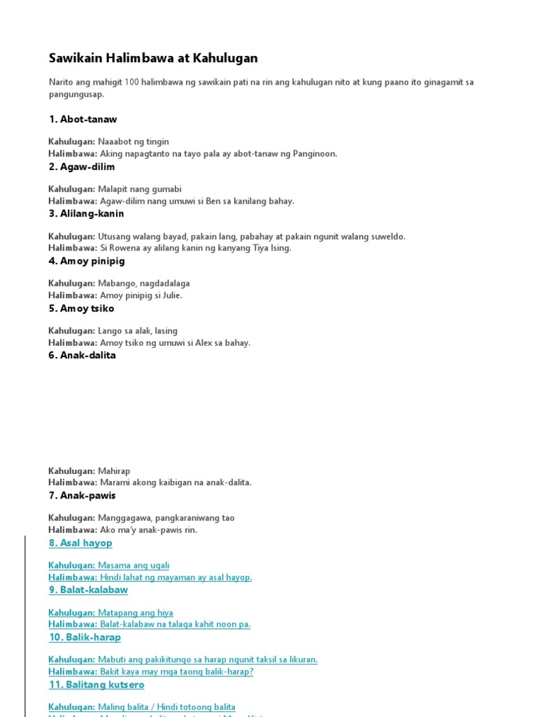 Sawikain Halimbawa at Kahulugan | PDF