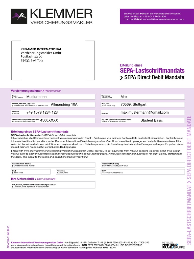 SEPA Lastschriftmandat Muster