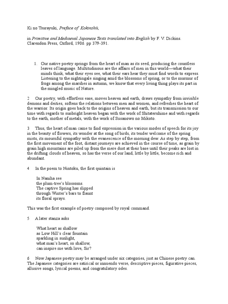 Prefata-Ki No Tsurayuki - Kokinshu | PDF | Poetry