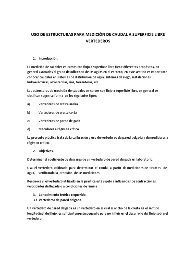 Vertederos de Pared Delgada: Medición y Calibración | PDF | Descarga (hidrología) | Medición