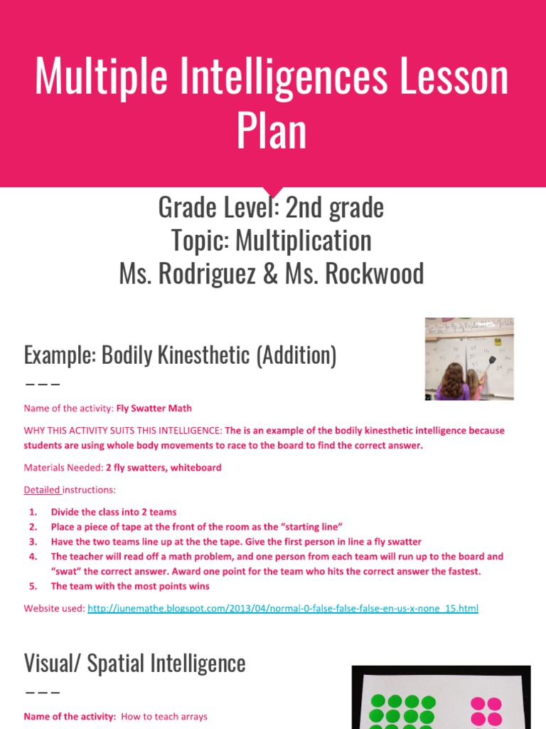 Multiple Intelligences Lesson Plan: Grade Level: 2nd Grade Topic: Multiplication Ms. Rodriguez ...