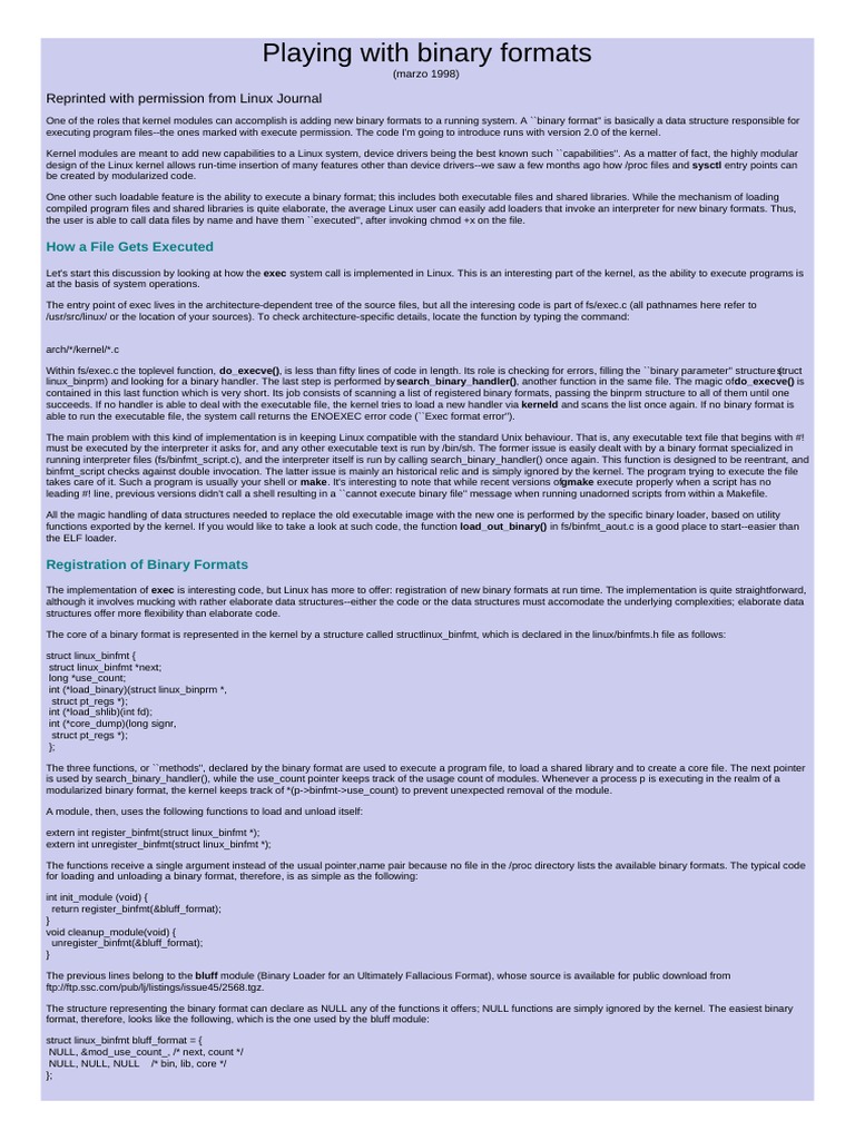 Exploring Binary Formats: Adding New File Types to Linux Through Loadable Kernel Modules | PDF ...