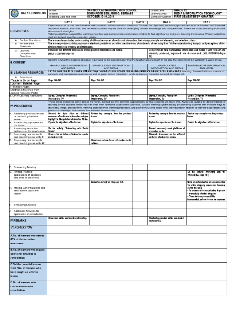 Mil DLL October 15-19, 2018 | PDF | Learning | Teachers