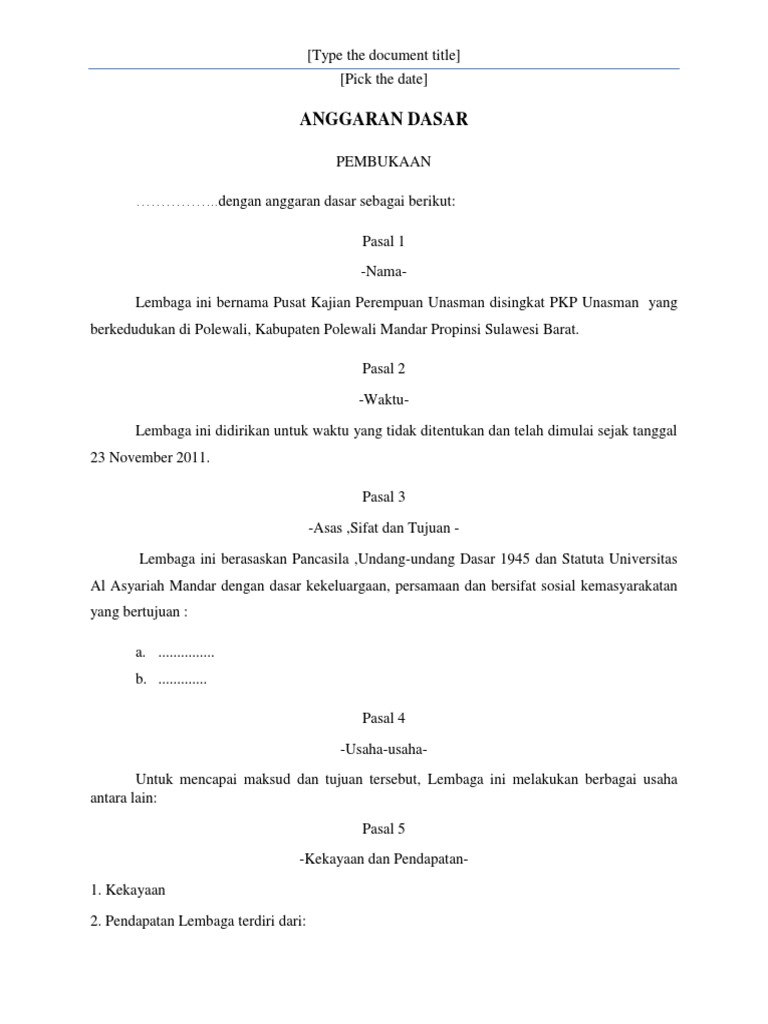Draft Anggaran Dasar PSW | PDF