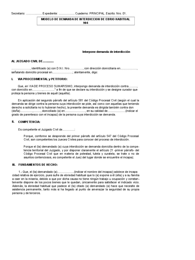 Demanda de Interdiccion de Ebrio Habitual | PDF | Demanda judicial ...