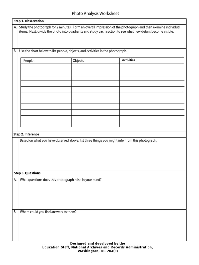 Photo Analysis Worksheet: Step 1. Observation | PDF | Cognition ...