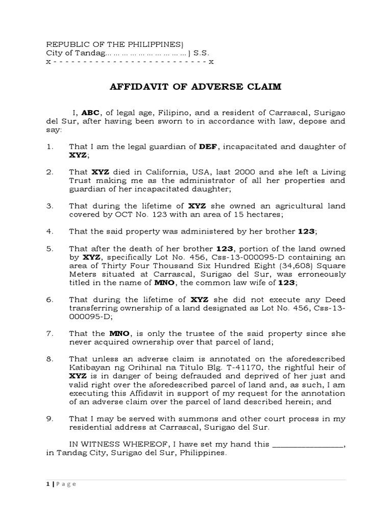 Affidavit of Adverse Claim | PDF | Affidavit | Government Information